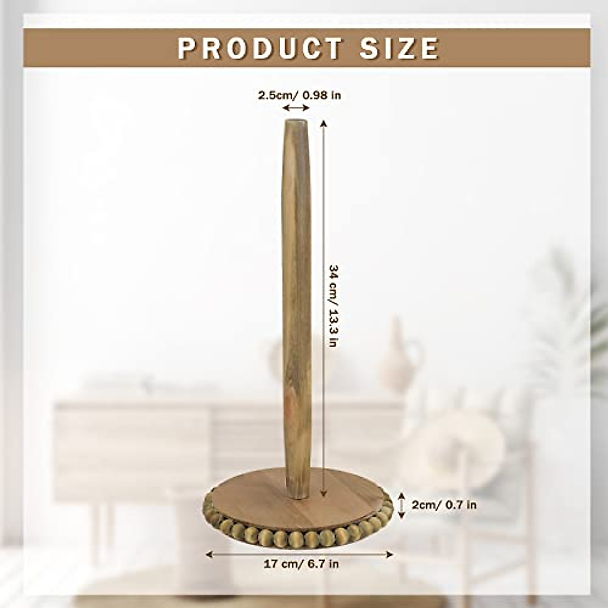 Farmhouse Paper Towel Holder Washed Beaded Paper Towel Stand Wood Paper Hanger Rack Standing Towel Roll Stand Organizer Paper Roll Holder Roll Dispenser for Kitchen Bathroom Countertop (Brown)