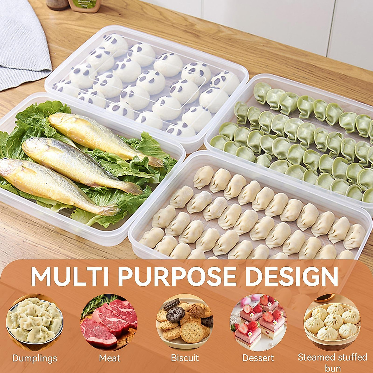Jwthee 4PCS Food Storage Container, Stackable Dumpling Storage Box Airtight Cookie Storage Containers Transparent Food Containers with Lid for Kitchen and Fridge