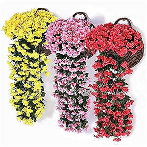 Meitan Artificial Violet Hanging Flower, Silk Violet Flower Garland Hanging Basket Decorative Plant Home Outdoor Wedding Arch Garden Wall Décor (2 pcs Rose Red)