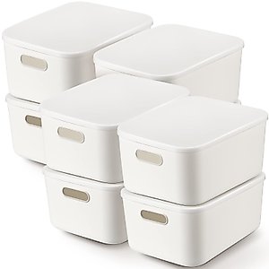 Tuanse 8 Pieces Plastic Storage Bins with Lids,White Storage baskets with Handle Stackable Containers Box For Shelves Drawers Desktop Playroom Classroom Office Organization(14 x 10.5 x 6.5 Inches)