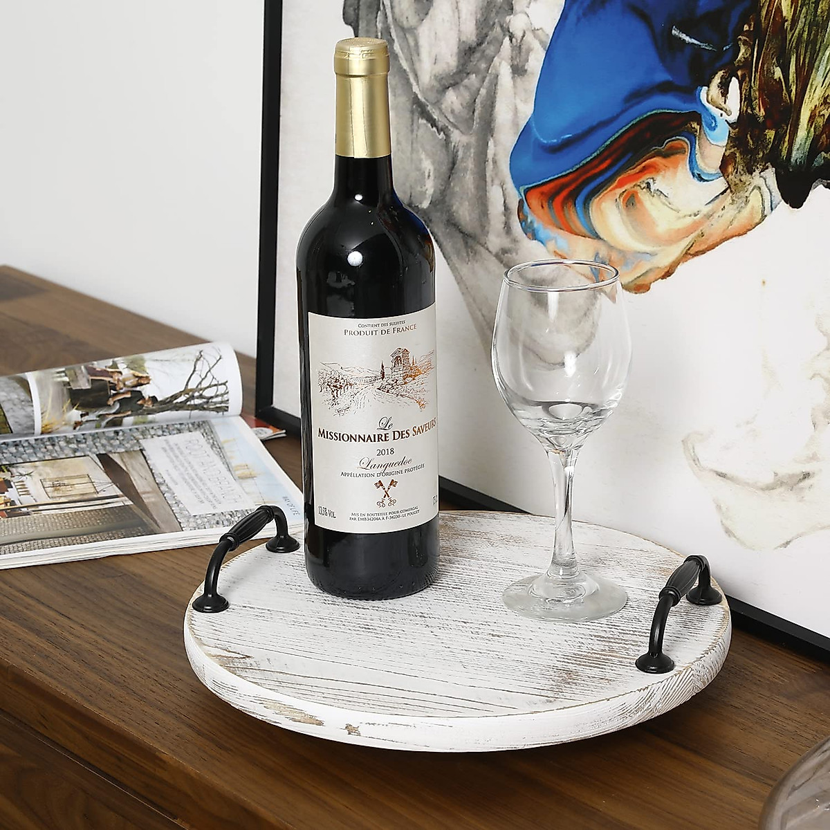 MyGift 12 Inch Whitewashed Wood Lazy Susan Turntable Rotating Tray, Round Condiment Serving Tray with Black Vintage Metal Handles