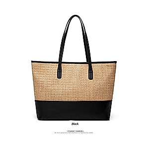 Yoofashion Straw Tote Bag for Women Shoulder Bag Summer Beach Bag Girls Fashion Top Handle Handbag (A110-black)