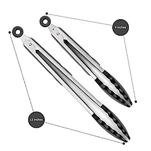 2 Pack Black Kitchen Tongs, Premium Silicone BPA Free Non-Stick Stainless Steel BBQ Cooking Grilling Locking Food Tongs, 9-Inch & 12-Inch