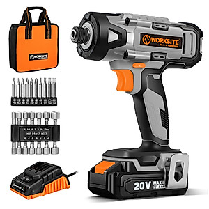 WORKSITE Cordless Impact Driver Kit, 2655 In-lbs (300N.m) Max Torque, 1/4" Hex Impact Drill, Variable Speed, 2.0A Battery & 1 Hour Fast Charger, 26 Pieces Impact Driver Bits and Tool Bag