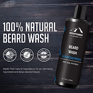 Mountaineer Brand Beard Wash For Men | 100% Natural Beard Shampoo | Thick Cleaning Softening Lather for Hair and Skin | Hydrate and Detangle | Grooming Treatment | Mountain Fresh Scent 8oz
