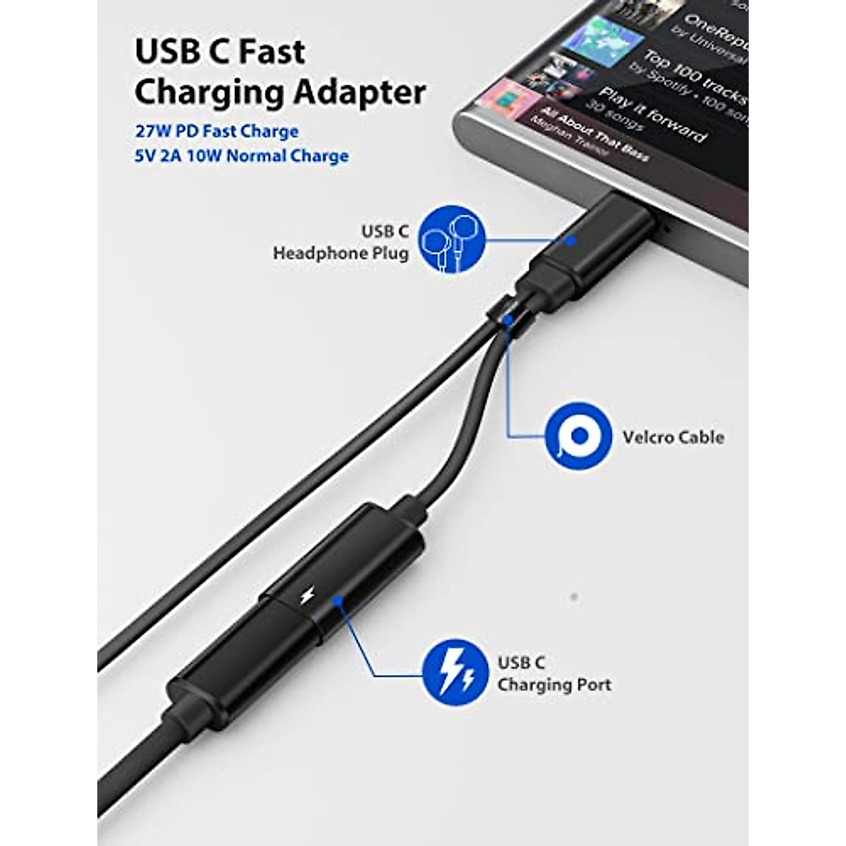 USB C Headphone for Samsung Galaxy S23 Ultra S22 A53, Type C Headphone Charging Adapter 2-in-1 Wired Earbuds with Mic PD Fast Charging Noise Canceling Earphone for Google Pixel 7 Pro 6 6A Flip 3