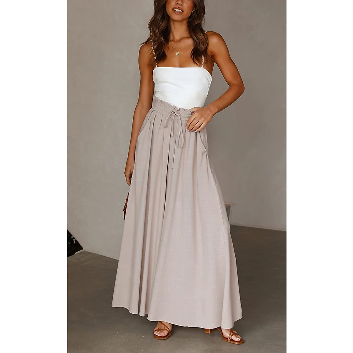 Watashi Women's Wide Leg High Waisted Pants Palazzo Elastic Flowy Loose Culotte Trouser(Apricot-XL)