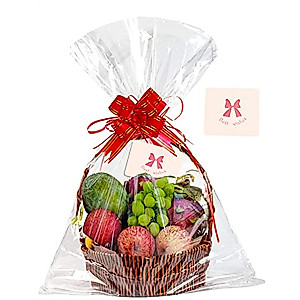 NUIBY 12 Pack 30"x40" Clear Basket Bags Package Bags Large Clear Cellophane Wrap for Baskets and Gifts, with Ribbon Bows and Greeting Cards (1.6 Mil) (30W x 40L)