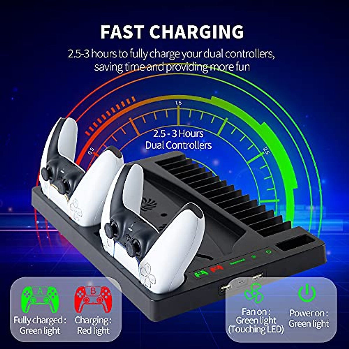 HAPROUND PS5 Vertical Stand with Cooling Fan and Dual Controller Charger - Indicator Lamps and 15 Game Slots, Fast Cooling Through Metal Base, PS5 Console Compatible