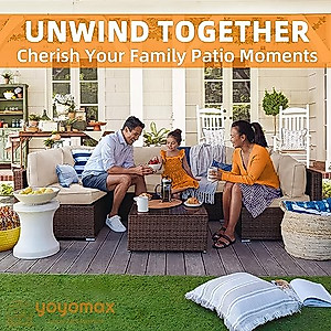 yoyomax, Light Brown Outdoor Clearance, 7 Pieces Patio Furniture All Weather PE Rattan Wicker Conversation Sofa Set w/6 Chairs, Pillows, Coffee Table for Balcony Backyard Garden, 7PCS-B
