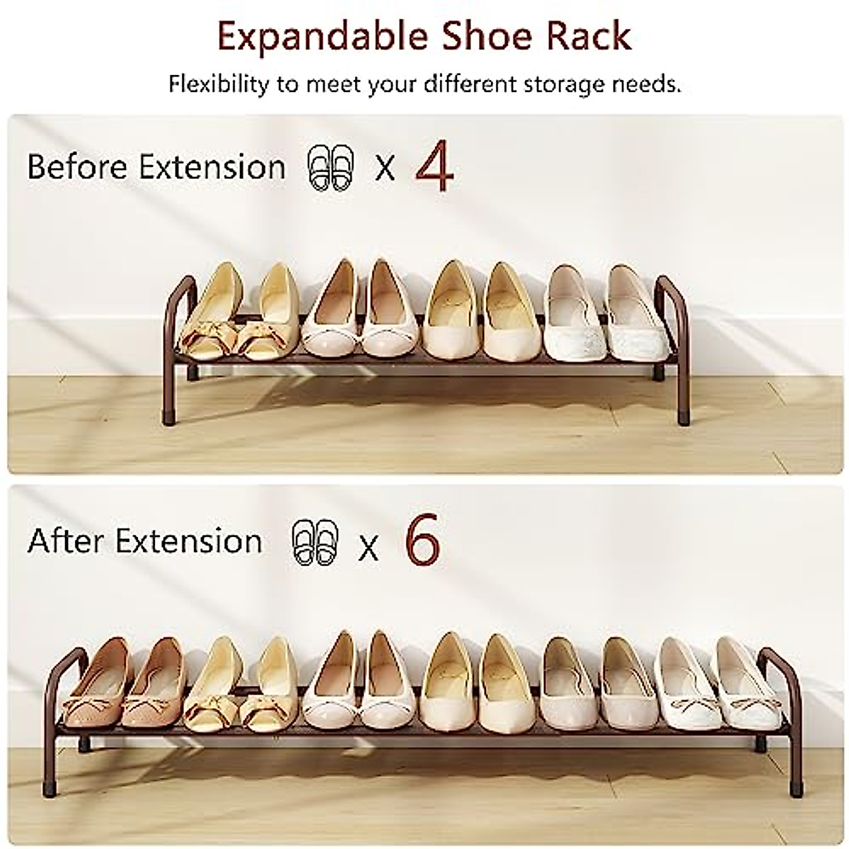 Gewudraw 1-Tier Shoe Rack Expandable, Width Adjustable Shoe Shelf Storage Organizer, 41.53'' Metal Standing Shoe Rack for Bedroom Entryway Closet, Holds up to 6 Pairs Shoes, Brown