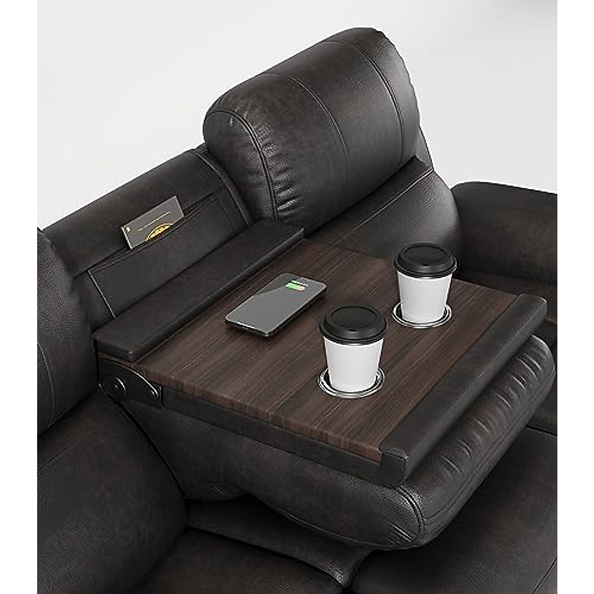 FANYE Breathable Leather Upholstered Power Motion 3 Seaters Sofa Couch W/USB Port, Wireless Charger,Stainless Steel Cupholders,Drop Down Table,2 Recliner Chaises and Magazine Bag, 85", Espresso