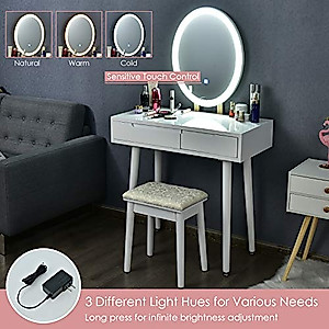 CHARMAID Vanity Set with Lighted Mirror, 3 Modes Adjustable Brightness Mirror, Makeup Dressing Table with Cushioned Stool, 2 Sliding Drawers with Divider, Modern Bedroom Vanity for Girls Women (White)
