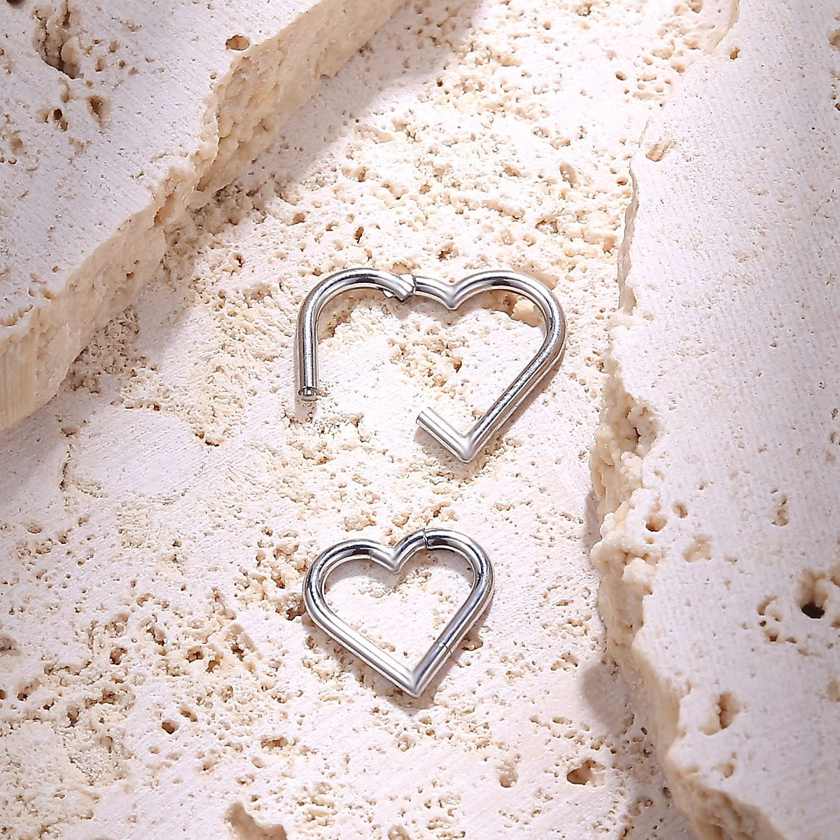 ENVYOU 2 Pcs Heart Daith Piercing Jewelry, Hypoallergenic Clicker Hoop, 16G Rook Cartilage Helix Earrings (16G 8mm+10mm, Heart Silver)