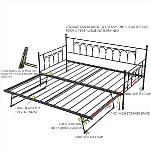 kuurfuurdo Twin Daybed with Trundle, Metal Daybed with Pop Up Trundle, Day Bed with Trundle Bed Twin, Steel Slat Support Sofa Bed for Kids Teens Adults Living Room, No Box Spring Needed