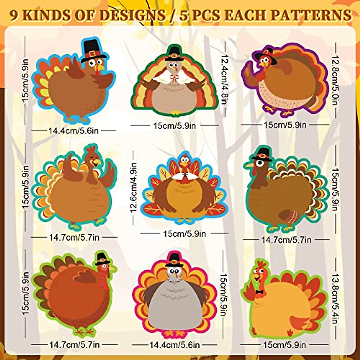 Whaline 45Pcs Thanksgiving Turkey Cutouts with 100Pcs Glue Points 9 Style Cartoon Turkey Pattern Paper Cut-Outs Bulletin Board Paper Cutting Decor for School Classroom Thanksgiving Party Supplies