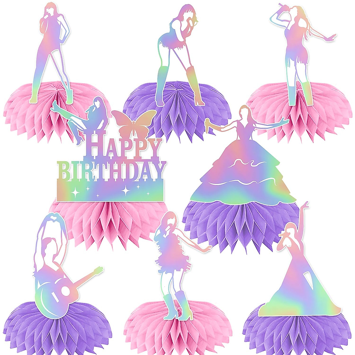 8 Pcs Iridescent Party Decorations Honeycomb Centerpieces, Happy birthday Table Decorations, birthday Party Decorations 3d Double Side Honeycomb Decorations for birthday Day Party