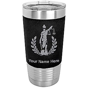 LaserGram 20oz Vacuum Insulated Tumbler Mug, Lady Justice, Personalized Engraving Included (Faux Leather, Black)