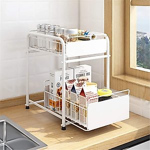 LEAYAN Under Sink Storage 2 Tier Pull Out Organizer,Under Sink Organizer,Sliding Cabinet Basket Organizer Drawer for Kitchen,Under Organizer for Countertop, White 36x28x40cm Under Sink Rack Shelf