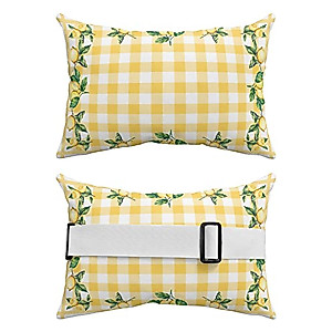 Recliner Head Pillow Ledge Loungers Chair Pillows with Insert Summer Lemon Leaves Yellow Plaid Lumbar Pillow with Adjustable Strap Outdoor Waterproof Patio Pillows for Beach Pool Chair, 2 PCS