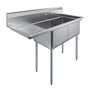 Two Compartment Stainless Steel Commercial Kitchen Prep & Utility Sink with Left Drainboard | Bowl Size 18" x 18" X 12" | NSF
