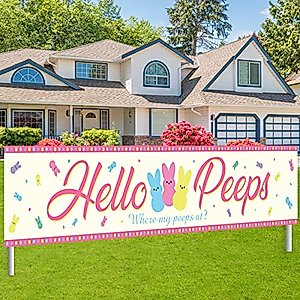 Large Happy Easter Sign Banner Spring Easter Decoration Hello Peeps Indoor and Outdoor Banner Easter Party Decoration Background Photo Prop (9.8 x 1.9 ft)