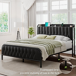 Feonase Leather Queen Bed Frame with Fast Charging Station,Queen Size Metal Platform Beds with Upholstered Headboard & Footboard,12" Underbed Storage Space,Easy Assembly,Noise-Free,Black