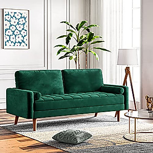 Vesgantti 58 inch Loveseat Sofa, 2 Seater Sofa for Small Space, Button Tufted Green Velvet Couch with 2 Pillows, Mid Century Modern Couch w/Armrest, Small Couches for Living Room, Bedroom, Apartment