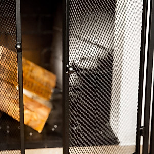 Barton 3-Panel Folding Fireplace Screen W/Magnetic Doors and 4-Pieces Fire Place Tools Set Home Steel Fire Spark Guard, Black