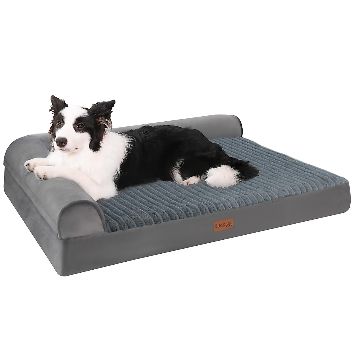 Kudoggy Large Dog Bed, Orthopedic Dog Beds for Large Dogs, Dog Sofa Bed with L-Shaped Bolster, Memory Foam Dog Bed with Waterproof Liner and Washable Cover, 35"x26", Grey