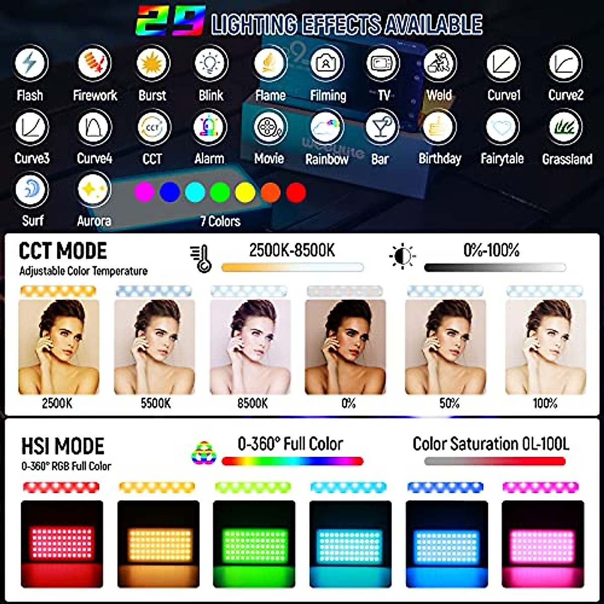 Weeylite RB9 RGB Camera Video Light, App Control 12W Rechargeable LED On Camera Light for RGB Photography Lighting, Portable LED Video Light Panel for DSLR Camcorder TikTok/Twitch Video Recording