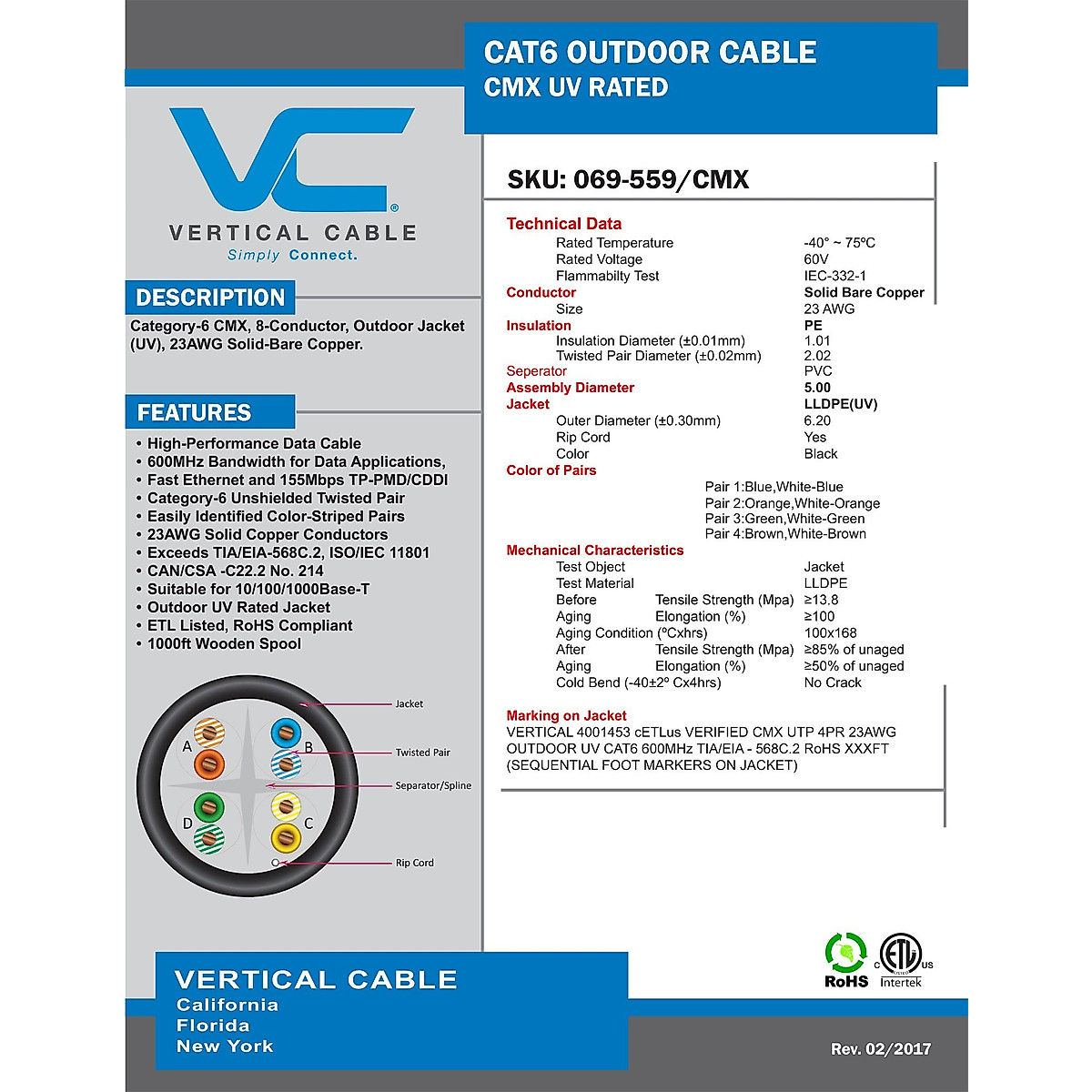 Vertical Cable Cat6, UTP, UV Jacket, Outdoor, CMX, 1000ft, Black, Bulk Ethernet Cable