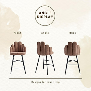 RHYNZEE 26 inch Bar Stools Set of 2, Boucle Fabric Modern Counter Height Bar Stools with Back and Black Metal Legs, Sherpa Upholstered Kitchen Island Chair for Home Kitchen Bistro Coffee Shop (Brown)