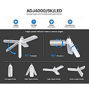 Feit Electric LED Garage Light, 3 Panel Adjustable Screw-in LED Shop Light Bulb, E26 Base, 4000 Lumens, Non-Dimmable, 5000k Daylight, Garage Ceiling Light, White, ADJ4000/5K/LED