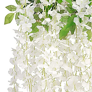 CEWOR 24pcs Wisteria Hanging Flowers 3.7 Ft Artificial Flowers Wisteria Vine Fake Flowers Hanging Garland Silk Flowers String for Wedding Party Garden Outdoor Greenery Home Wall Decoration (White)