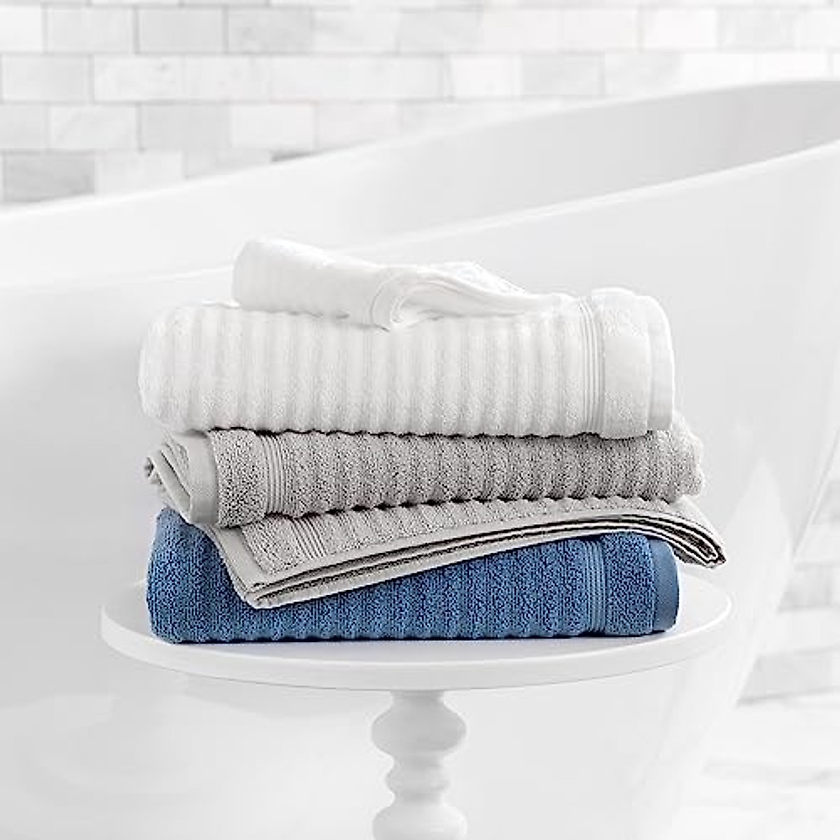 MARTHA STEWART 100% Cotton Bath Towels Set Of 6 Piece, 2 Bath Towels, 2 Hand Towels, 2 Washcloths, Quick Dry Towels, Soft & Absorbent, Bathroom Essentials, Towel Sets For College Dorm, Textured Gray