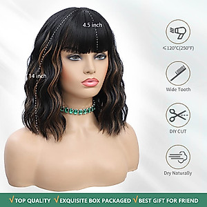 WAVE&BREEZE 14 Inch Black Mixed Brown Highlights Wigs for Women Short Wavy Curly Wig With Bangs Natural Looking Synthetic Hair Wigs Heat Resistant Fiber Wig for Daily Party (Black Mixed Brown)