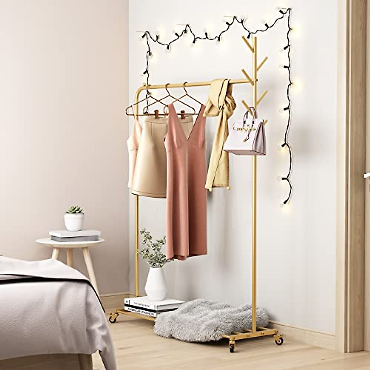 Smlttel Metal Gold Clothes Rack for Hanging Clothes, Rolling Clothing Rack for Boutique Display, Gold Coat Rack Standing Garment Rack with Shelf, Industrial Pipe Rack, Heavy Duty Clothing Rack, Gold