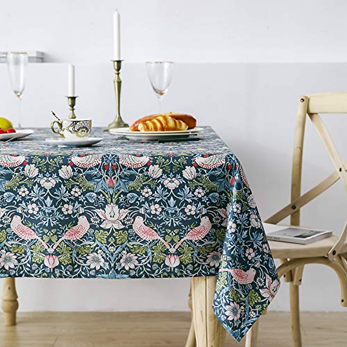 Obal William Morris Tablecloth Original Design Green Table Cloth for Rectangle Tables Wipeable Polyester Fabric Table Cover Kitchen Dinning Decorations Washable, 91"x55" (Strawberry Thief)