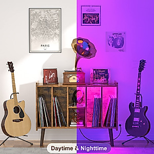 Unikito Large Record Player Stand with Vinyl Storage and LED Light, Vinyl Record Storage Cabinet with Power Outlet, Record Player Table, Turntable Stand with Wood Legs for Living Room, Bedroom, Office