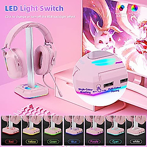 TuparGo Pink Headphone Stand RGB Lights Gaming Headset Holder with 3 USB Port for Charging or Connecting Headset Keyboard and Mouse,9 Modes Can be Toggles and Off,Aluminium Connecting Rod.