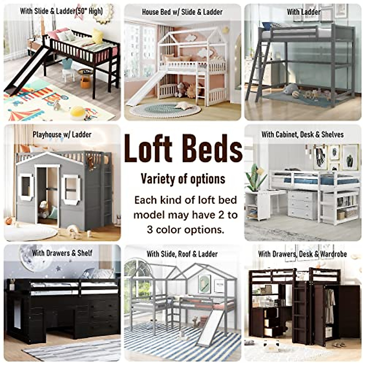 Twin Loft Bed with Slide Rails Frame Wood for Junior Kids Slat Support, No Box Spring Needed