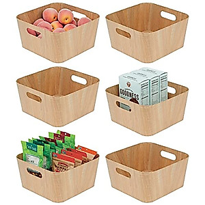 mDesign Wood Grain Paperboard Food Storage Container Bin Basket with Handles for Pantry - Organization Containers for Assorted Fruit, Vegetable, and Produce - 6 Pack - Natural/Tan