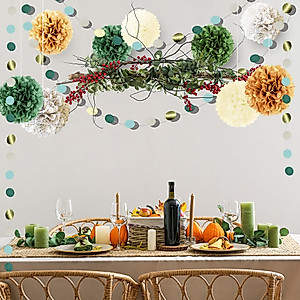 MEIYKO 15PCS Sage Green Tissue Paper Pom Poms with Paper Garland String Hanging Backdrop for Jungle Safari Woodland Baby Shower, Bridal Shower, Wedding Shower, Engagement, Birthday Party Decorations