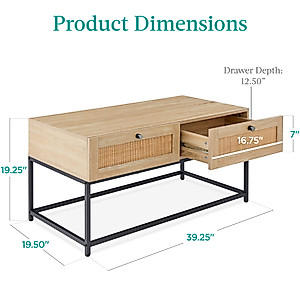 Best Choice Products 39in Rattan Coffee Table, 2-Drawer Modern Boho Home Furniture for Living Room, Bonus Room w/Wicker Storage Compartments, Oak Wood Grain Finish, Metal Frame & Knobs - Light Walnut