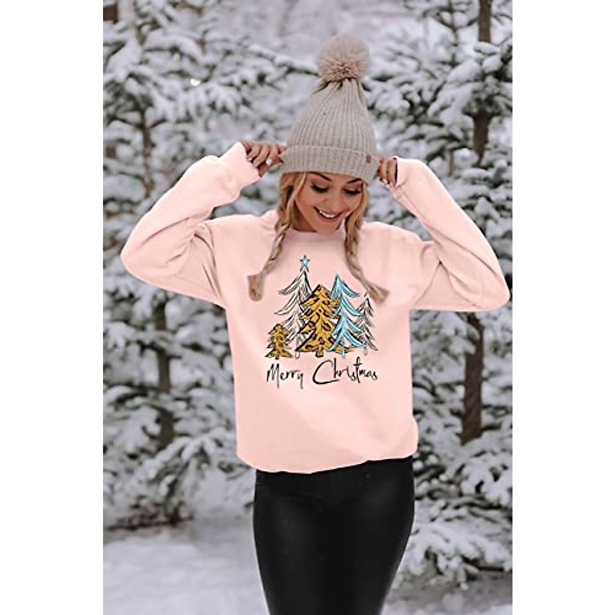 KIDDAD Christmas Sweatshirts for Women Merry Christmas Sweatshirt Funny Christmas Trees Graphic Holiday Party Pullover Tops Pink