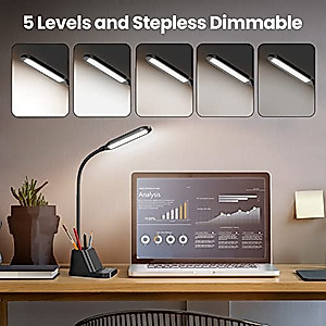 LED Desk Lamp with USB Charging Port, Small Desk Lamps for Home Office, AXX Desk Light for Bedrooms, Black Office Lamp for Small Spaces, 650LM, Gooseneck, Pen Holder, Study Lamps for College Dorm Room