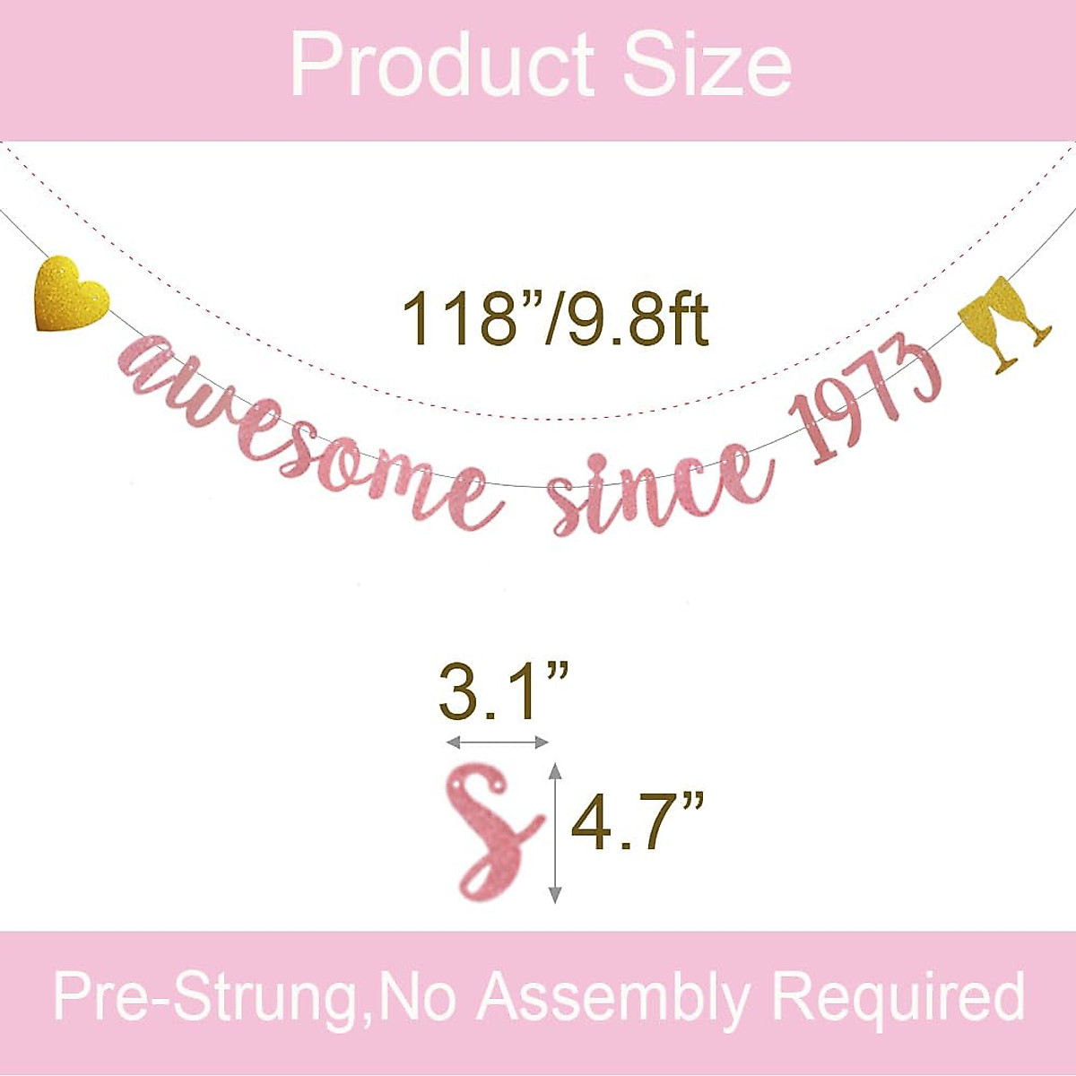 Awesome Since 1973 Banner, Pre-Strung,Rose Gold Glitter Paper Garlands for Girl's Woman's 51st Birthday Party Decorations Supplies, No Assembly Required,Rose Gold,SUNbetterland