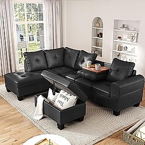 Lamerge Living Room Sectional Couch with Storage Ottoman, Modern PU Leather L-Shaped Sofa Couch Set, Black Modular Sofa Sectional w/Cup Holder, Living Room Furniture Set for Apartment, Small Space