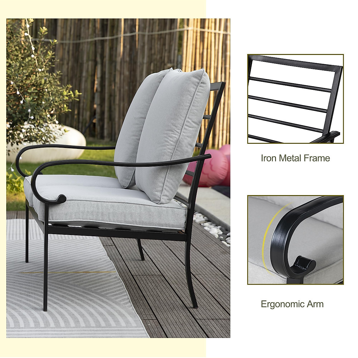 MEOOEM Patio Sofa Conversation Furniture Outdoor Loveseat with Table, Metal Frame with Gray Cushions for Porch Balcony Deck